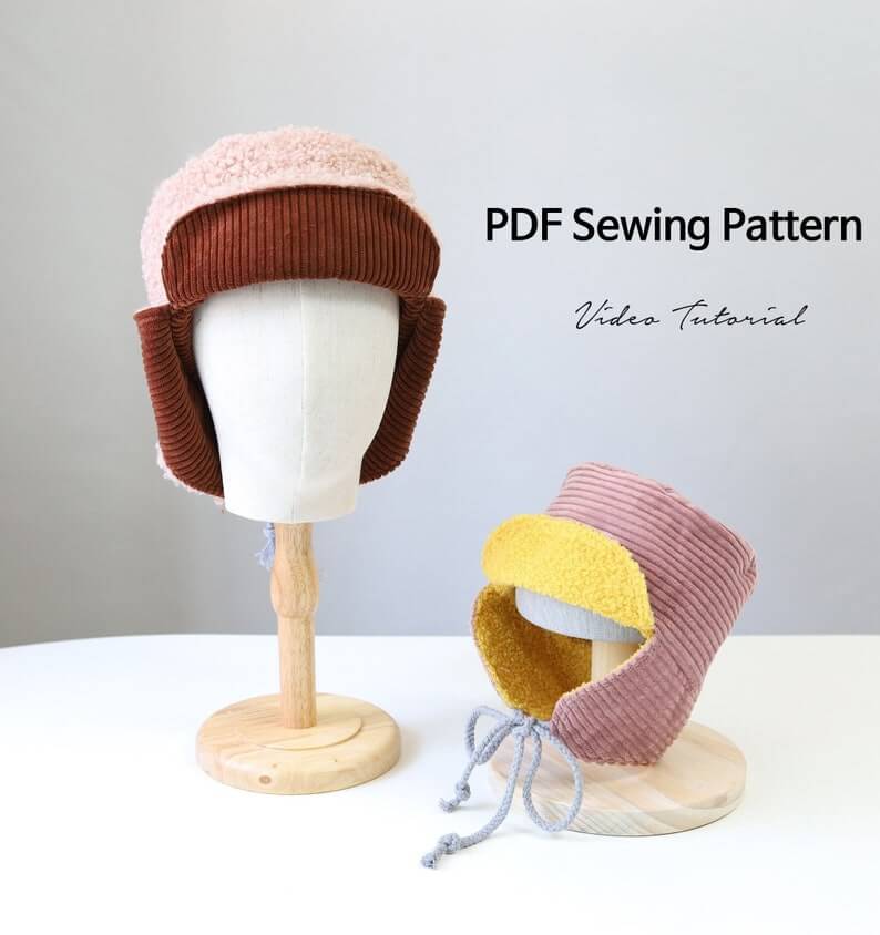 Trapper Hat PDF Sewing Pattern, video tutorials, from 3 years old up t